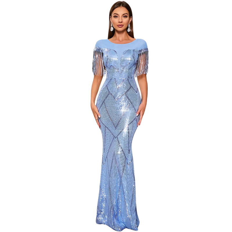 Robe Soirée Paillette Bleu Epaule Franges | Strass Paillettes – Strass ...